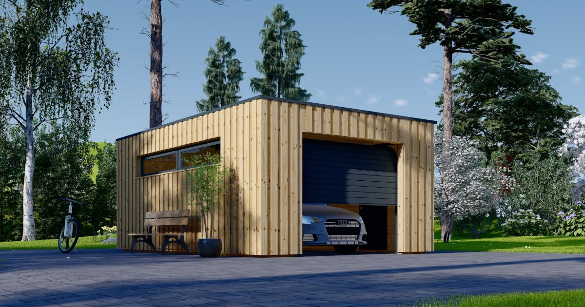 Flat roof wooden garages of various shapes and sizes