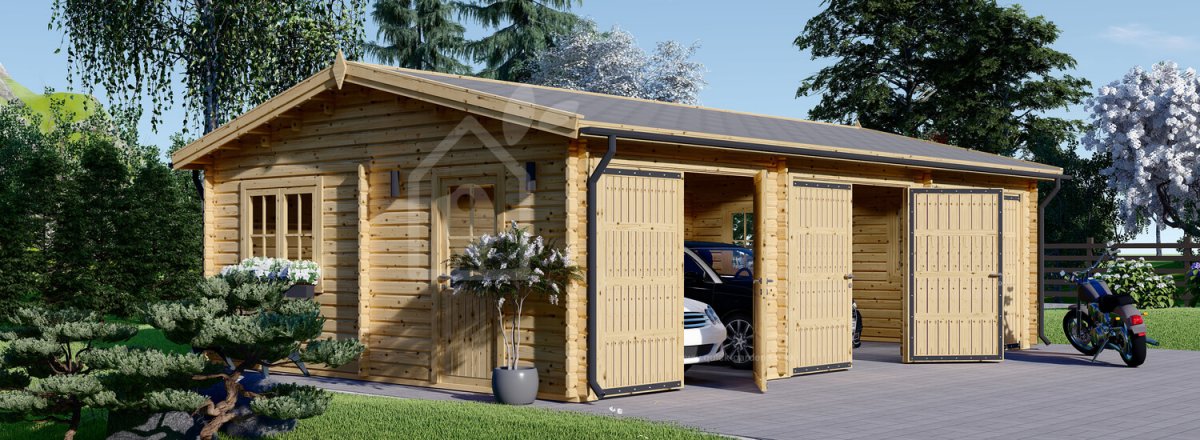 Triple Wooden Garage TRIO (44 mm), 9x6 m (30'x20'), 54 m²