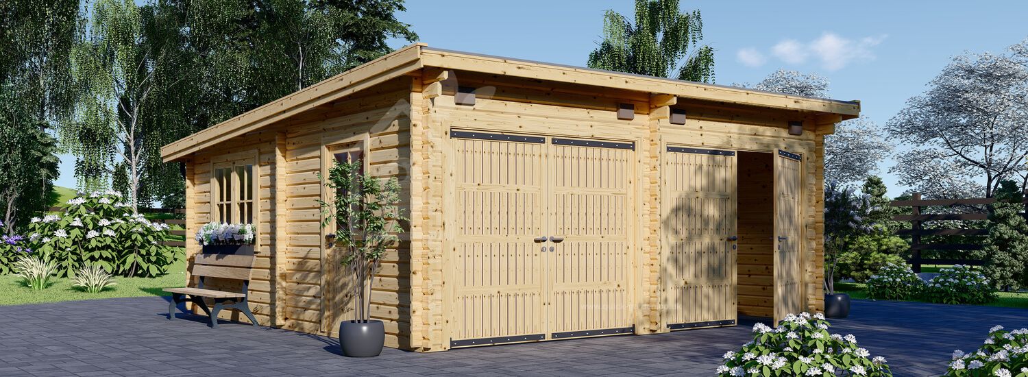 Double Wooden Garage with Flat Roof MODERN 6m x 5m (20x16 ft) 44 mm