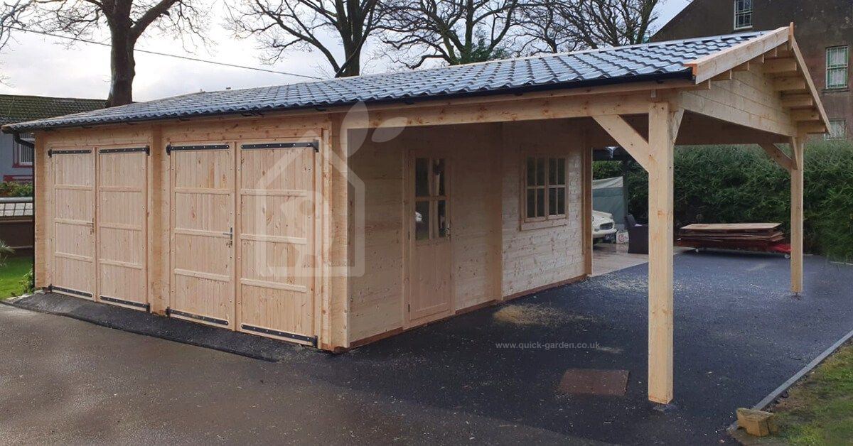 Double Wooden Garage MULTI (44 mm) 6x6 m With Single Carport 3x6 m